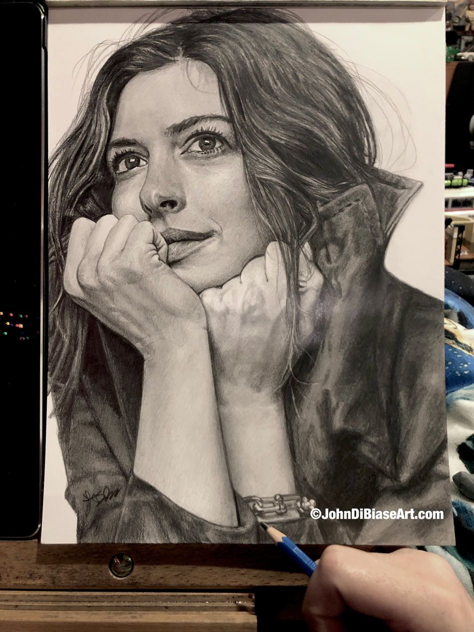 Anne Hathaway Graphite Pencil Drawing (NOT a print) 9x12